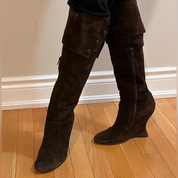 BCBGMaxAzria | Shoes | Bcbg Max Azria Brown Suede Kneehigh Platform ...